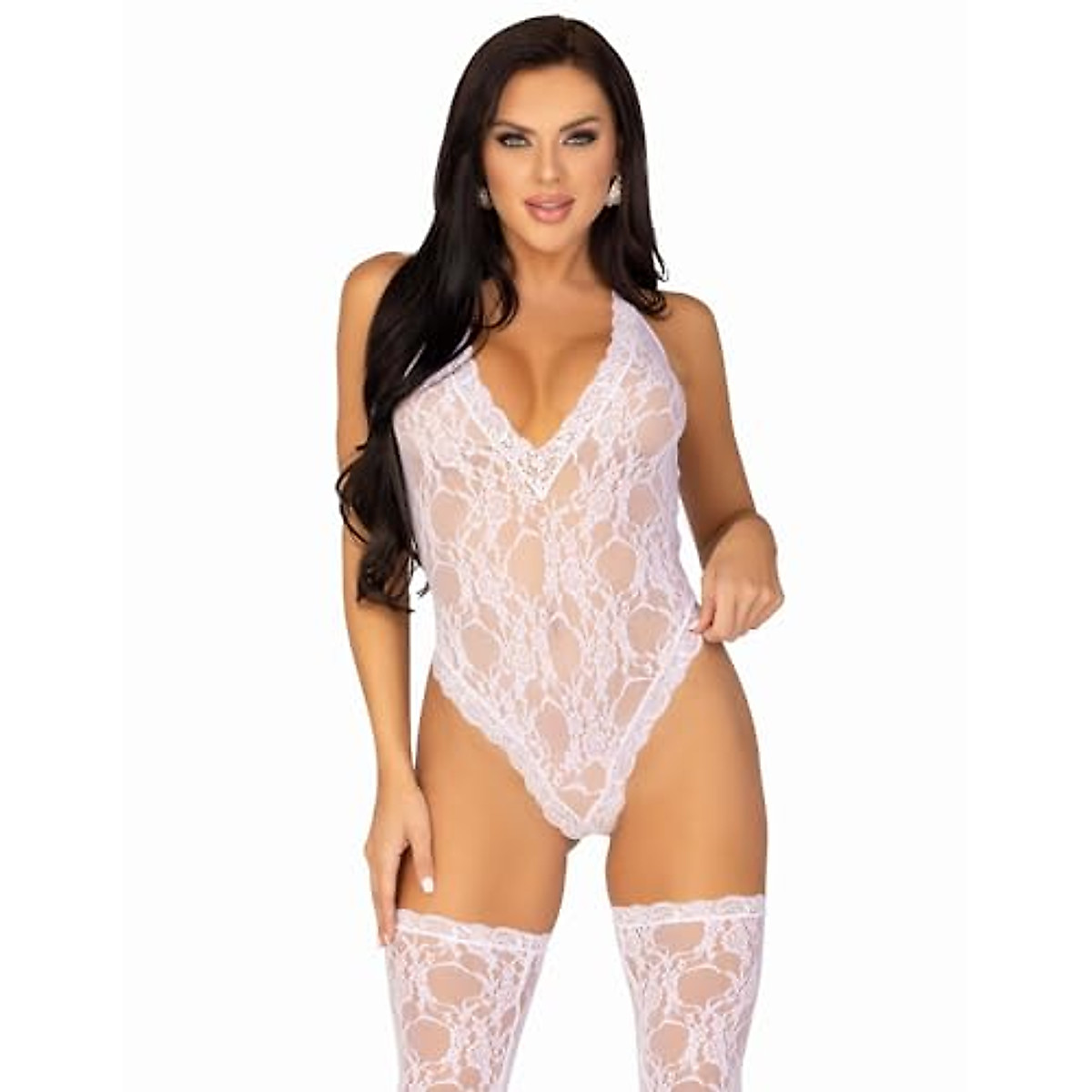 Leg Avenue womens Leg Avenue 2-piece Floral Lace Deep-v Neck Teddy and Matching Thigh Highs, One Size, Black adult exotic hosiery, White, One Size US