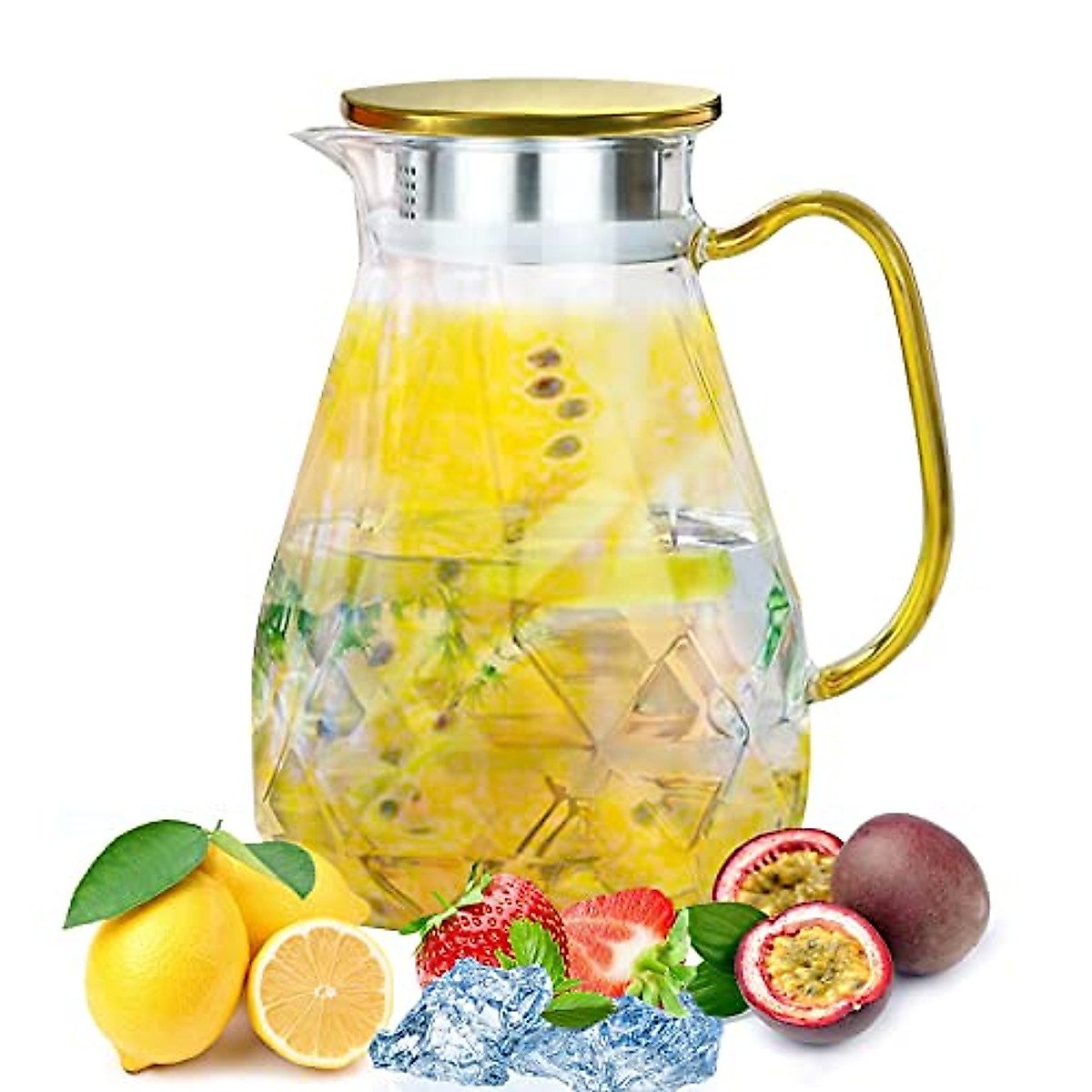 Jitejoe Glass Pitcher 61oz Large Carafe with Lid Easy Clean Heat Resistant Borosilicate Boiling Glassware Water Jug for Juice,Milk,Coffee,Ice Iced Tea,Lemonade,Cold or Hot Beverages (61oz Carafe)