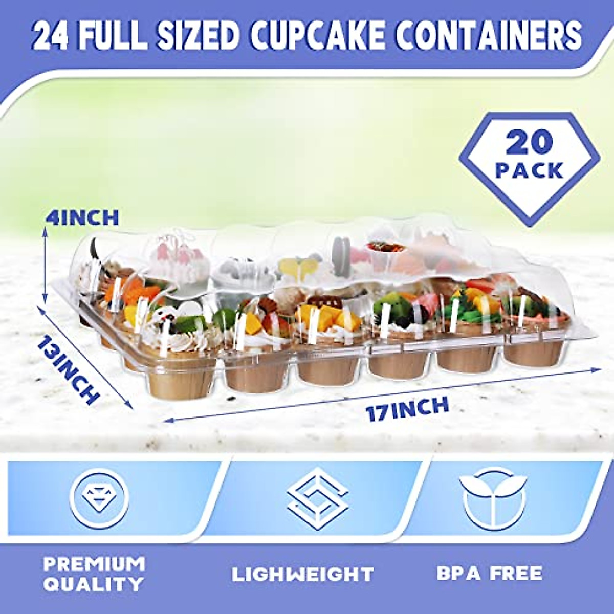 20 Sets Cupcake Containers 24 Count Cupcake Holders Stackable Cupcake Boxes Clear Disposable with Detachable Tall Dome Lid Plastic Cupcake Trays for Wedding Birthday Kitchen Baking Supplies