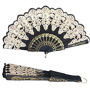 RAZZUM Decorative Folding Fans Black Spanish Style Dance Party Wedding Lace Silk Folding Hand Held Flower Fan Fan