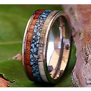 2 pc Wedding Rings Set Deer Antler Turquoise Koa Wood Stainless Steel Sterling Silver Engagement Rings (10)
