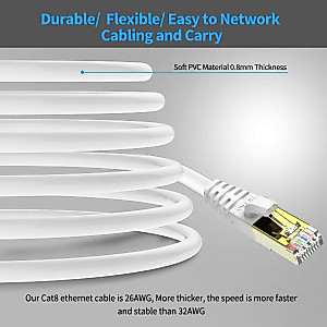 KASIMO CAT 8 Ethernet Cable 100 ft, Cat8 Internet Cable 40Gbps with RJ45 Gold Plated Connector SFTP, High Speed Gaming LAN Patch Cable, Compatible with Cat5/Cat6/Cat7, White (White, 100FT 1 Pack)