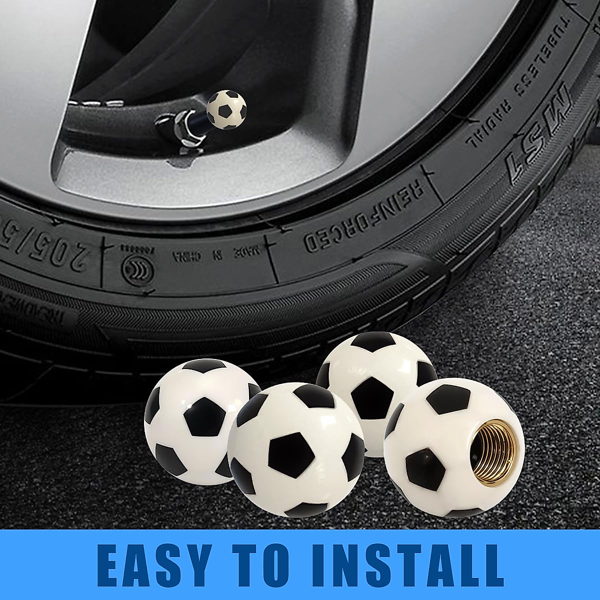 QILISEN Car Tire Valve Caps 4 Pack, Soccer Ball Valve Stem Covers Built-in Brass Core, Universal Tire Caps Suitable for Cars, Trucks, SUVs