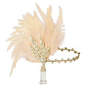 BABEYOND Art Deco 1920's Flapper Great Gatsby Inspired Leaf Medallion Pearl Headband Feather (Gold and Champagne Feather)