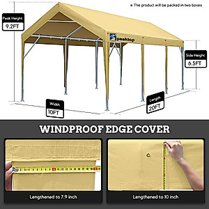 PEAKTOP OUTDOOR 10x20 ft Heavy Duty Carport, Portable Car Canopy, Garage Tent, Boat Shelter with Reinforced Triangular Beams and Ground Bar, Removable Sidewall & Zipper Doors, Beige