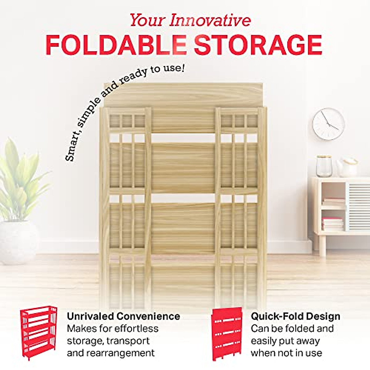 STONY EDGE 4-Tier Folding Bookshelf | Natural Wood Finish | 45x32x11.5 Inches | Book Shelf for Books and Trinkets | No Assembly Required | Foldable & Small Bookshelf for Home and Office