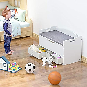 Timy Wooden Toy Box with Bench Seat, Toy Storage Chest with 2 Reversible Baskets and Safety Hinge for Kids, White