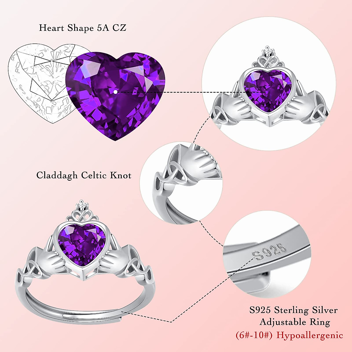 Claddagh February Amethyst Birthstone Rings - 925 Sterling Silver Adjustable Heart Gemstone Ring Traditional Irish Wedding Band Promise Eternity Bands Jewelry for Women (With Gift Box)