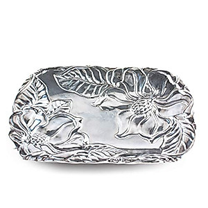 Arthur Court Designs Aluminum Southern Magnolia Flower Food Service Tray, Desktop Storage Organizer, Catchall, Valet, Nightstand or Dresser Hand Polished 9.5 inch Long
