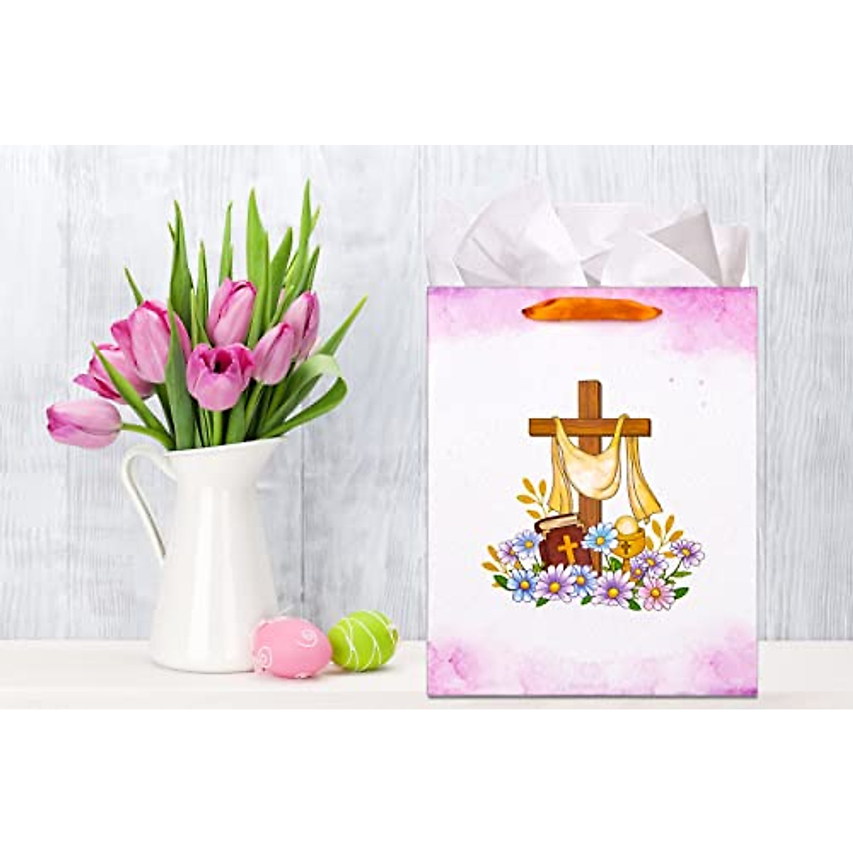 SICOHOME Easter Gift Bag with Handle 13" Religious Gift Bag with Tissue Paper and Greeting Card Baptism Gifts Bag Gift Wrapping Bags for Party Favor Bags for Easter Christenings Baptism First Communions Confirmations or Religious Party