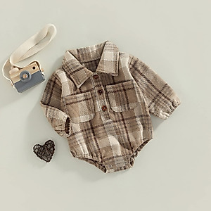 Baby Boy Plaid Shirt Romper Flannel Long Sleeve Oversized Tops Infant Button Down Fall Clothes (Coffee,0-6 Months)