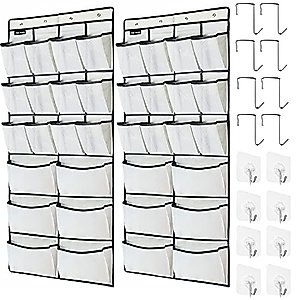 TidyMaster 2 Pack Extra Large Hanging Over Door Shoe Organizers, 12 Mesh Pockets + 6 Large Mesh Storage Various Compartments with 8+8 Hooks Shoes Holder for Closet Bedroom, White (59 x 21.6 inch)…