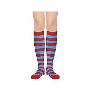 Century Star Women's Knee High Socks Athletic Thin Stripes Tube Socks High Stockings Outdoor Sport Socks 1 Pack Blue Red Stripes One Size