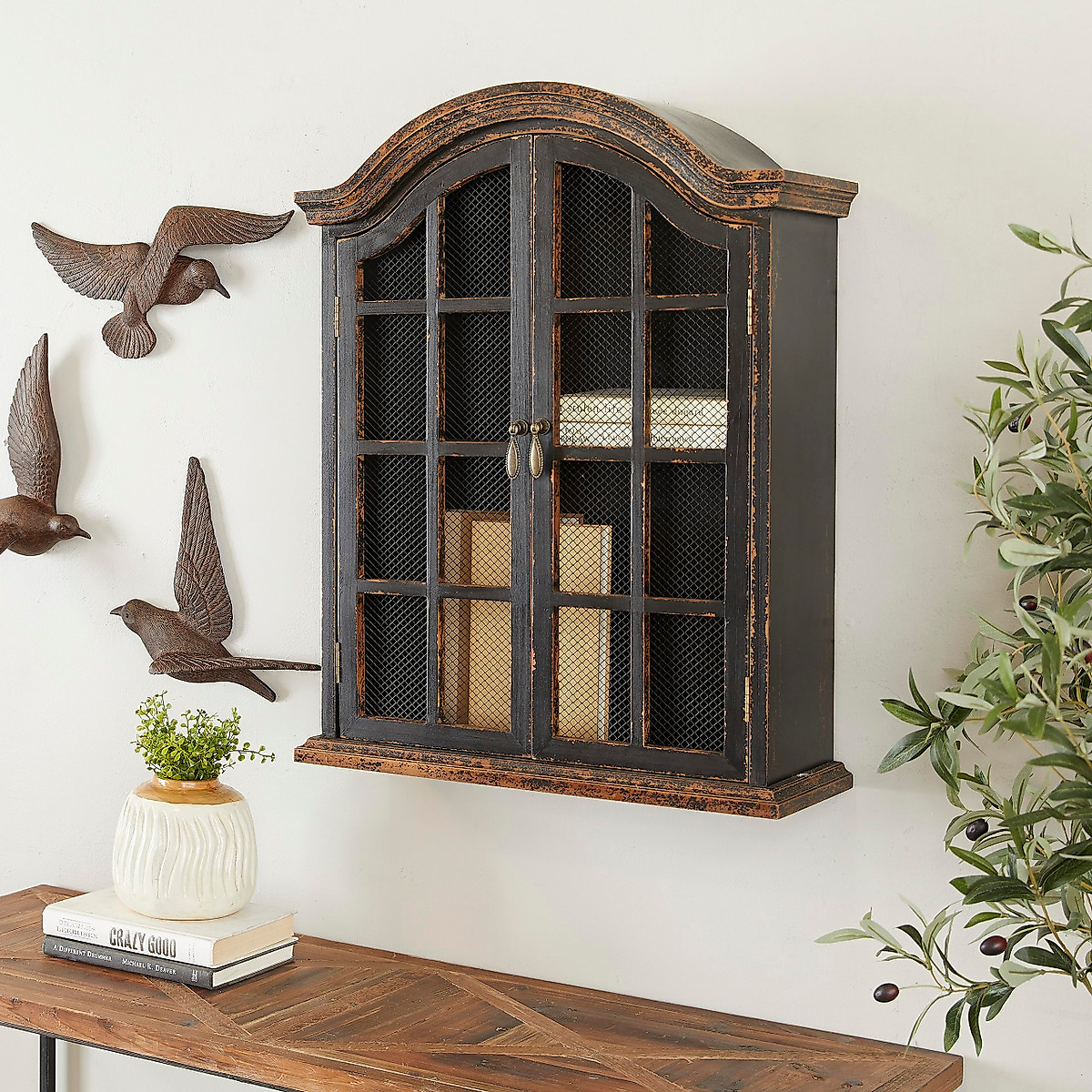 Deco 79 Wood Distressed 1 Shelf and 2 Doors Wall Shelf with Arched Shutter Doors, 22" x 8" x 28", Black