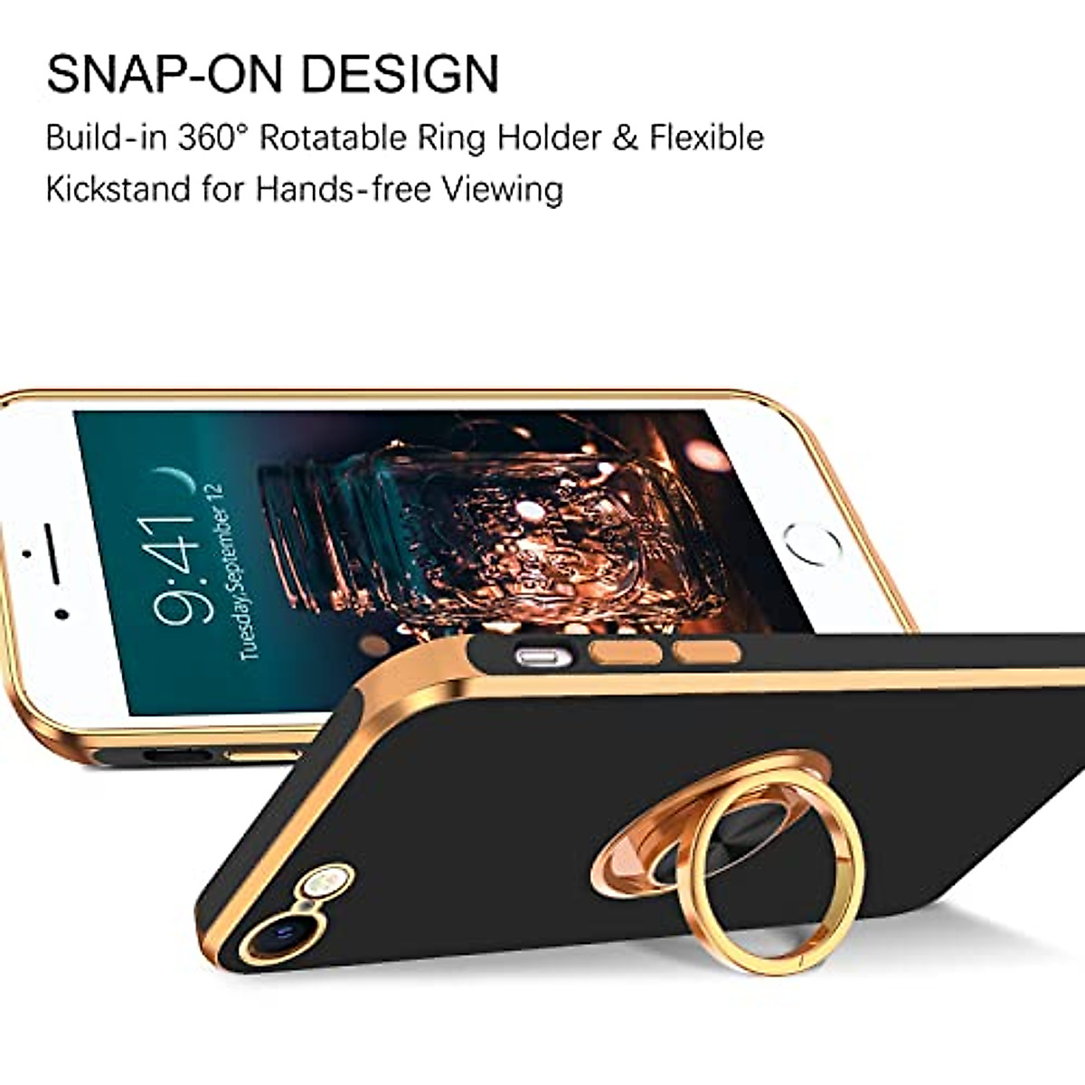 BENTOBEN iPhone SE 2022 Case, iPhone SE 2020 Phone Case, iPhone 8/7 Case, Slim Fit Sparkly Soft TPU Protection Kickstand Ring Holder Shockproof Bumper Drop Protective Girls Women Men Cover, Black/Gold