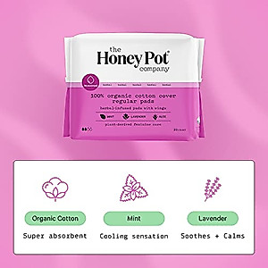 The Honey Pot Company - Regular Flow Pads with Wings - Organic Pads for Women - Herbal Infused w/Essential Oils for Cooling Effect, Cotton Cover, & Ultra-Absorbent Pulp Core - Feminine Care - 20 ct