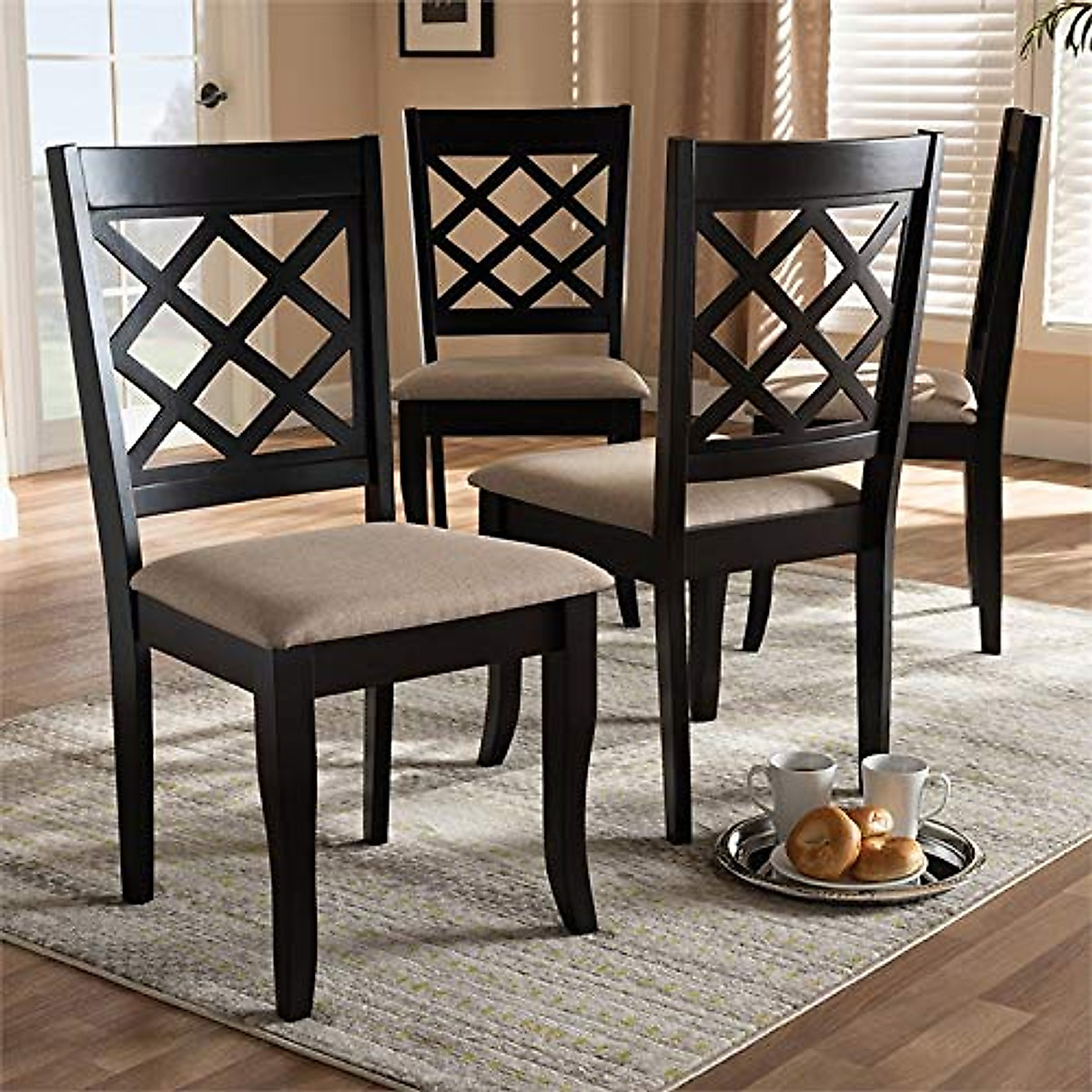 BOWERY HILL 17.9" Modern Oak Wood Dining Chair in Espresso/Beige (Set of 4)