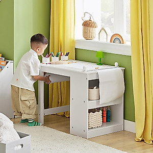 Haotian 2 in 1 Kid's Table and Chair Set, Art Table with Paper Roller, Paint Cups and Storage Shelves, Painting Table Set for Arts, Crafts and Writing, White, KMB60-W