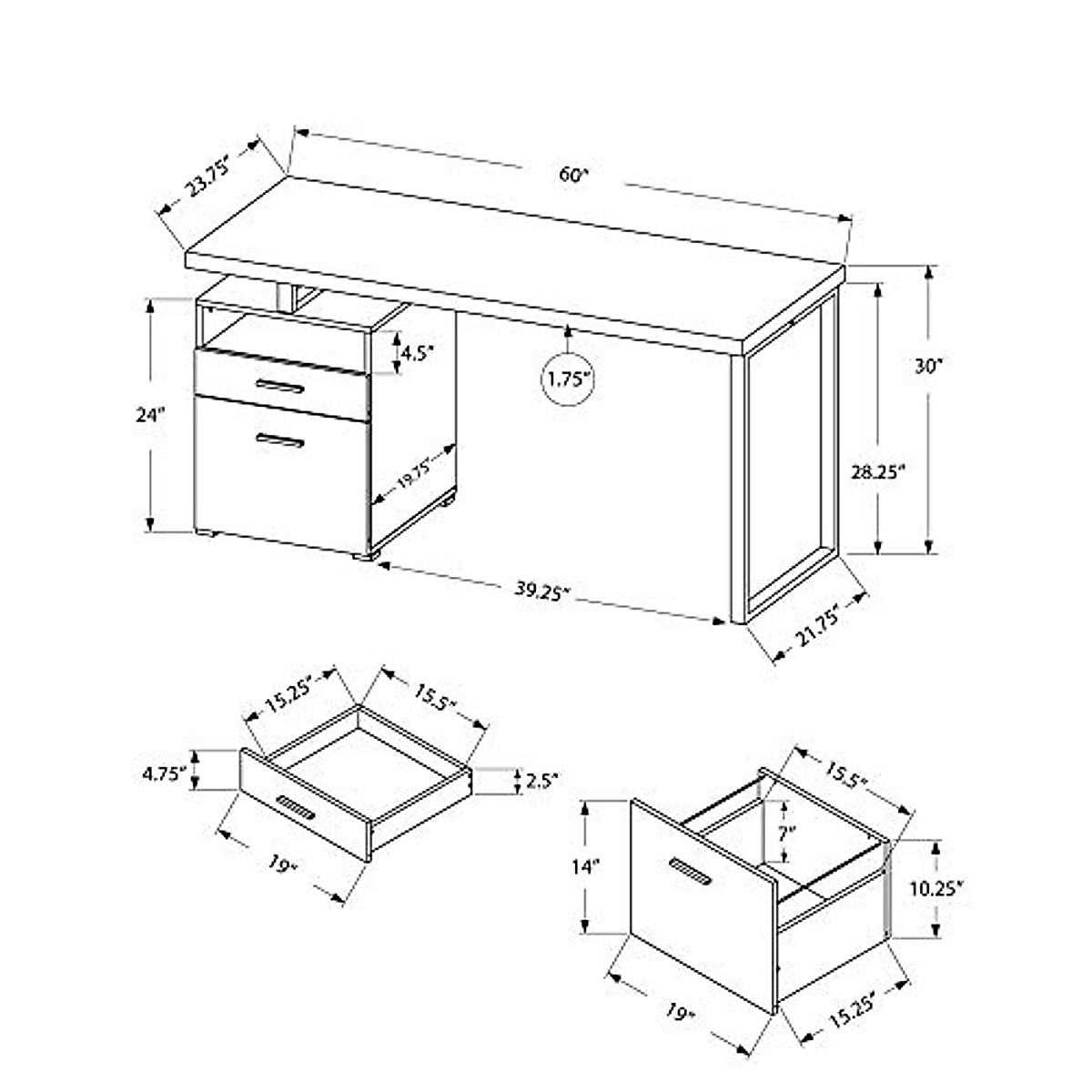 Monarch Specialties Computer Writing Desk for Home & Office Laptop Table with Drawers Open Shelf and File Cabinet-Left or Right Set Up, 60" L, White