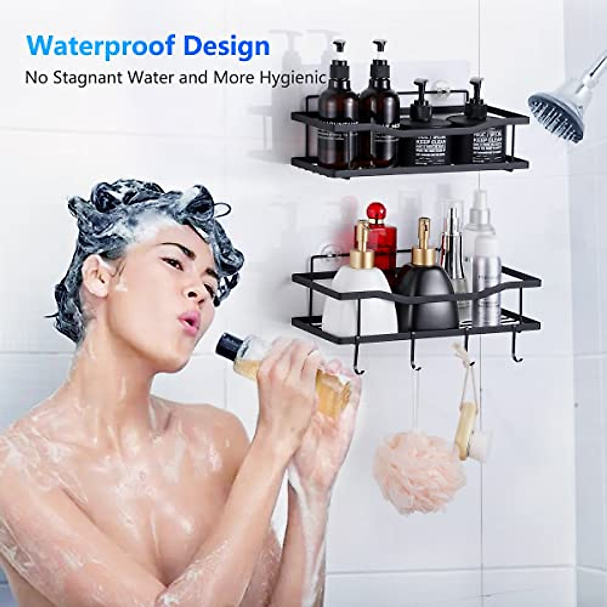 Shower Caddy Black 2-Pack Bathroom,Shower Organizer No Drilling Shower Shelves Wall Adhesive shower shelf for inside Shower Caddies with Hooks,Shower Storage Basket Shampoo Holder Organizer Kitchen