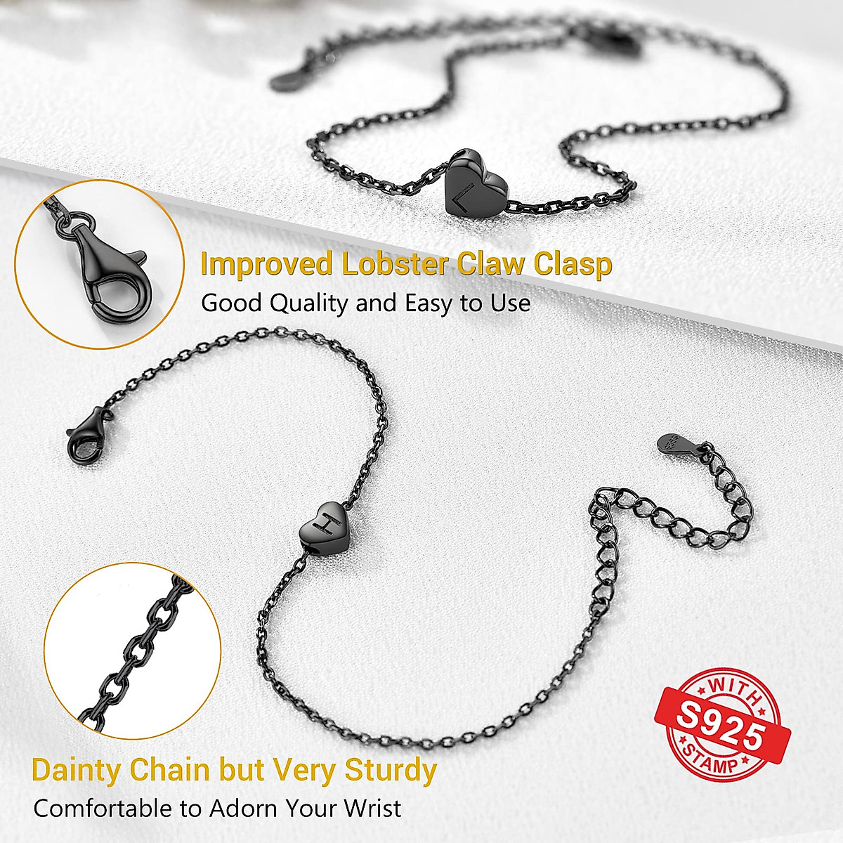 Dainty C Letter Bracelet Cute Jewelry Sterling Silver Thin Chain Heart Initial Bracelets for Women