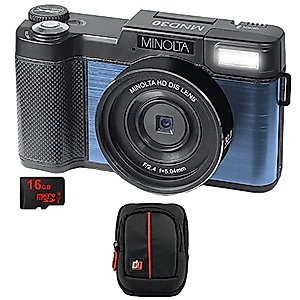 Minolta MND30-BL 30MP 2.7K Ultra HD 4X Zoom Digital Camera (Blue) Bundle with Deco Photo Point and Shoot Field Bag Camera Case (Black/Red)