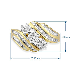 Jewelili 10K Yellow Gold 3/4 Cttw Natural White Baguette and Round Diamond 3 Stone Ring, Size 8