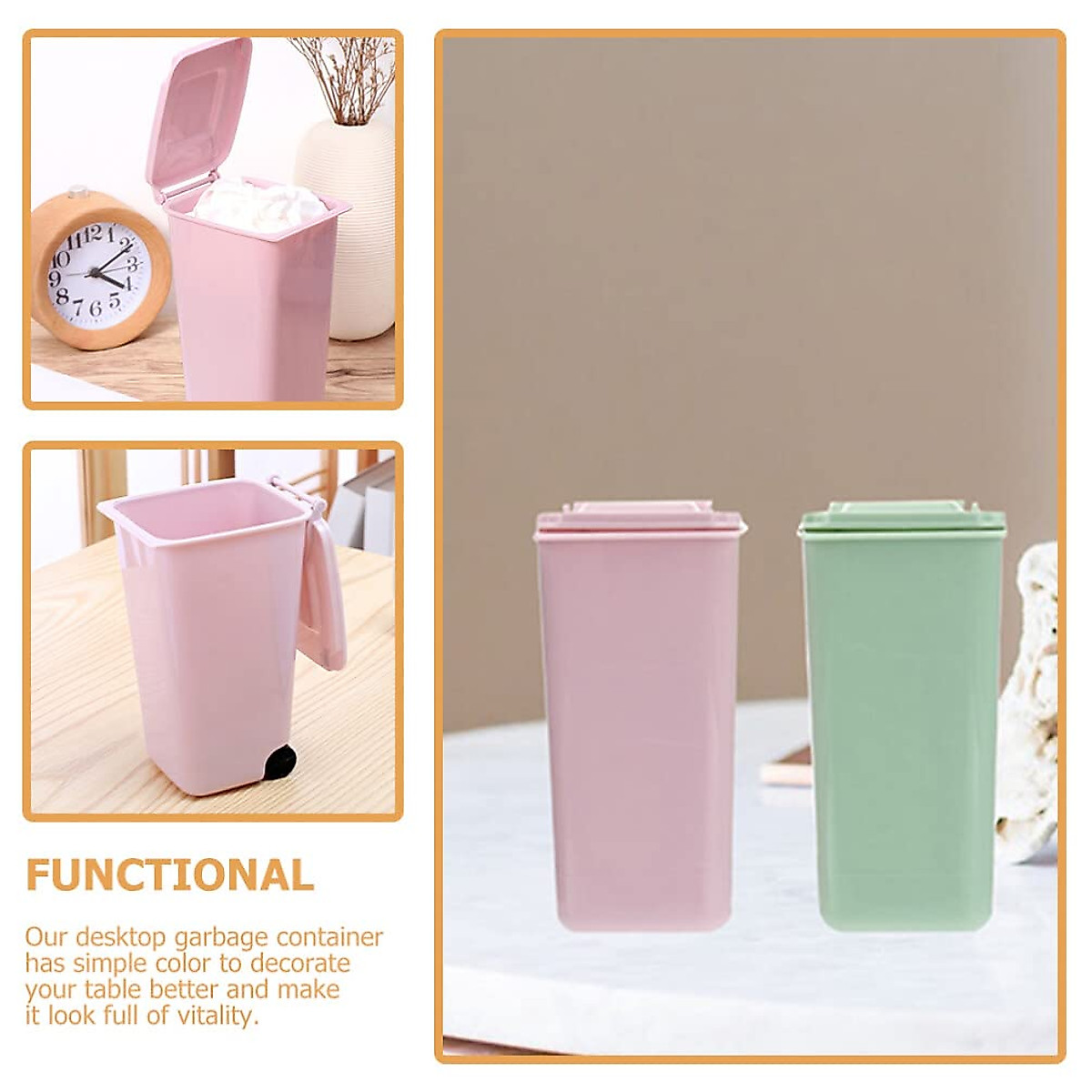 Tofficu Small Waste Basket 2pcs Mini Curbside Garbage Trash Bin with Wheels Lid Pen Holder Tiny Recycle Can Pencil Cup Desktop Organizer for Bedroom Office Desktop Car Green Pink