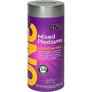 ONE Mixed Pleasures with Silver Lunamax Pocket Case, 5 Premium Styles of Lubricated Latex Condoms-24 Count