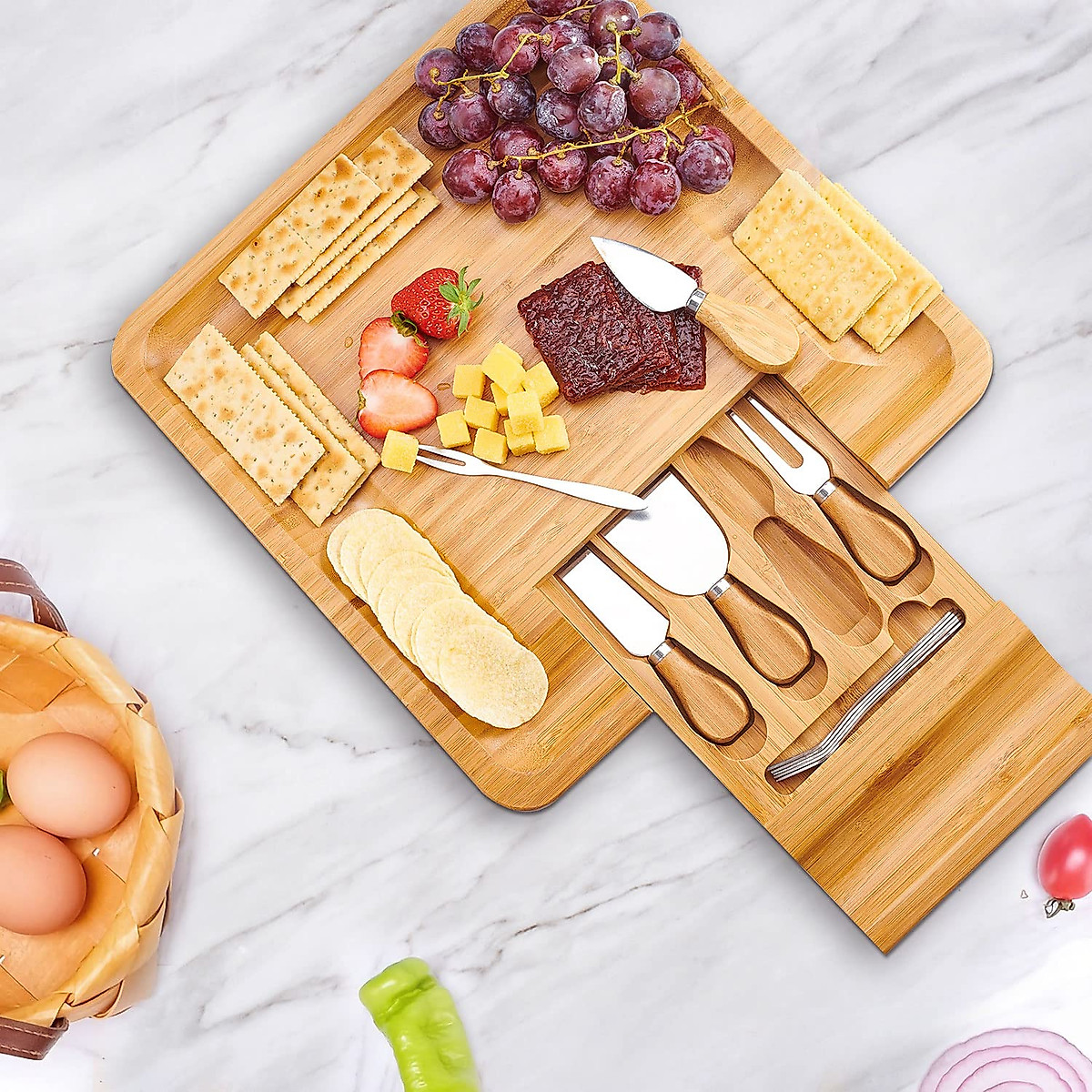 Utoplike Cheese Board Set, Bamboo Charcuterie Boards Server, Large Chacutery Platter Serving Tray with 4 Stainless Steel Knife Folks in Drawer, Perfect for Birthday, Housewarming