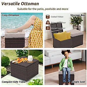 OPENAIRCOMFORT Premium Natural Flaxen/Brown 16.5" 2-Piece w/ 3" Fade-Proof Cushion, All-Weather Wicker Indoor/Outdoor Ottomans, PE Rattan Side Table & Footstools, Footrest, Ideal for Patio.