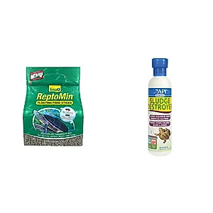 Tetra ReptoMin Floating Food Sticks for Aquatic Turtles, Newts and Frogs 2.64 Pound (Pack of 1) and API Turtle Sludge Destroyer Aquarium Cleaner and Sludge Remover Treatment 8-Ounce Bottle Bundle