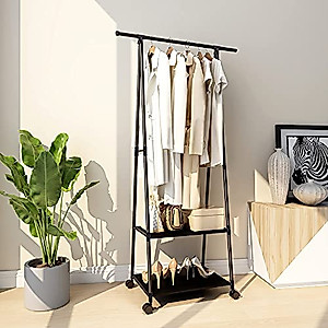 Clothes Rack Clothing Drying Rack, Rolling Garment Rack for Hanging Clothes, Small Industrial Metal Pipe Stand Coat Racks on Wheels with 2 Tier Shelves for Bedroom, Laundry, Entryway and Living Room