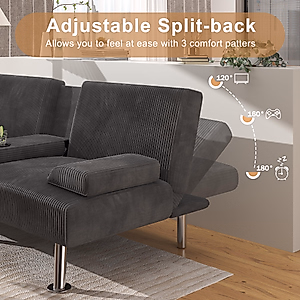 YESHOMY Futon Sofa Bed Corduroy Folding Couch with Removable Armrests, Metal Legs, 2 Cup Holders for Living Room, Grey