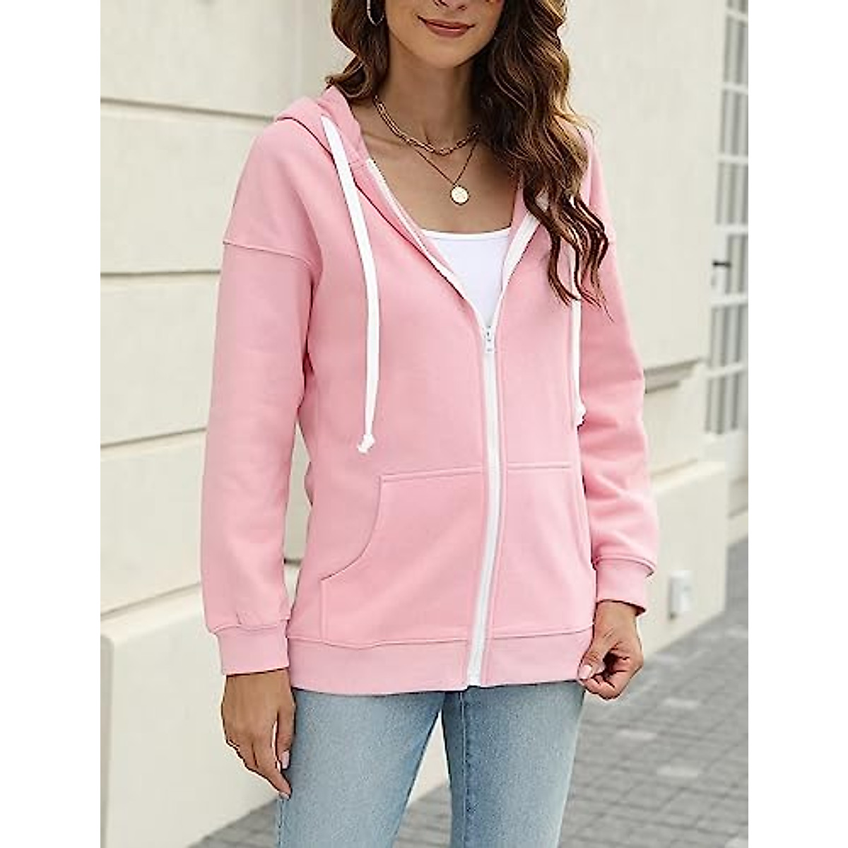 Minetom Women's Full Zip Up Hoodies Long Sleeve Color Block/Solid Hooded Sweatshirts Jackets with Pocket A Pink