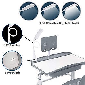 LVYUAN Kids Desk and Chair Set, Height Adjustable Kids Study Desk for Bedroom, Desk for Kids with Tiltable Desktop, 3 Modes Light, Go Back School Desk, Grey