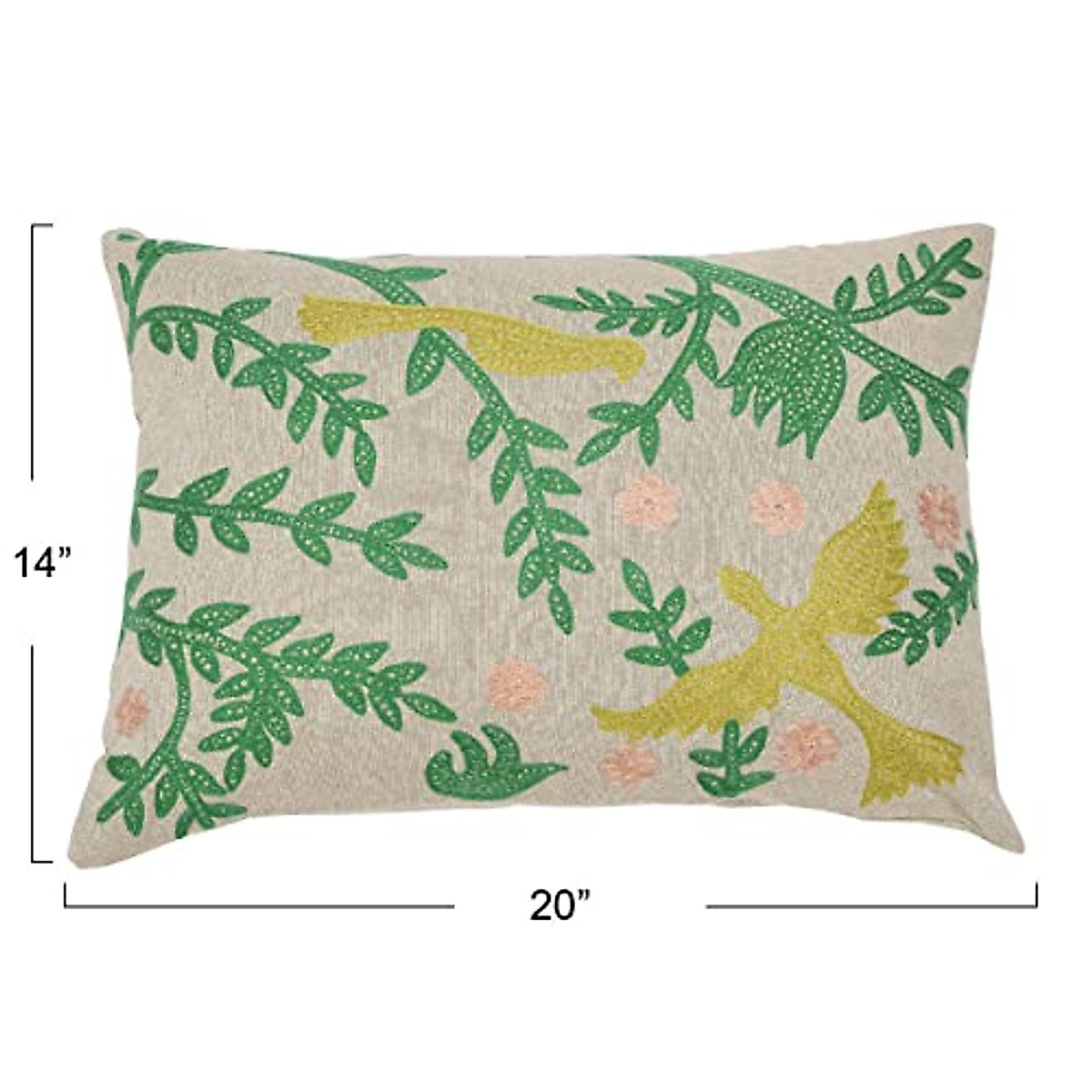 Creative Co-Op Cotton Chambray Lumbar Bird Embroidery Pillow, 20" L x 14" W x 2" H, Multicolor