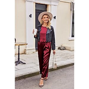 Ekouaer Silky Pajama Set for Women Silk Shirt with Long Pantt Two Piece Loungewear Crop Top and Long Pant with Pockets Wine Red