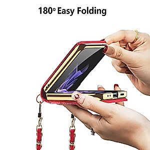 SHIEID Genuine Leather Galaxy Z Flip 4 Case with Chain, Noble Temperament, Diamond Shape Design Fine Texture Z Flip 4 Case for Samsung Galaxy Z Flip 4, Brown