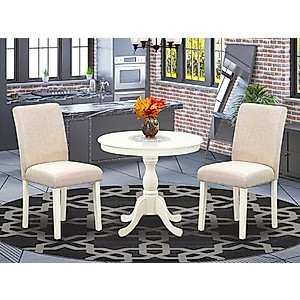 East West Furniture AMAB3-LWH-02 3 Piece Dining Room Furniture Set Contains a Round Dining Table with Pedestal and 2 Light Beige Linen Fabric Upholstered Chairs, 36x36 Inch, Linen White