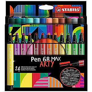 STABILO Premium Felt Tip Pen with Thick Chisel Tip Pen 68 MAX - ARTY - Pack of 24 - with 24 Different Colours