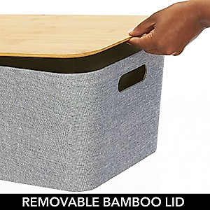 mDesign Fabric Basket with Lid - Stacking Decorative Storage Bin Box with Bamboo Lid Cover for Closet, Bedroom, Living Room or Office - Holds Clothing, Linens, and Accessories, 4 Pack, Navy Blue