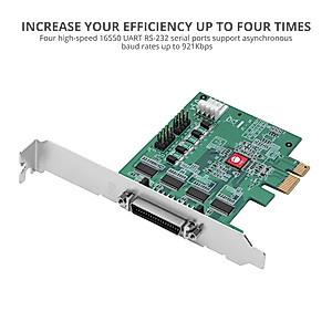 SIIG DP CyberSerial 4S PCIe, 16550 UART, Baud Rates up to 921Kbps, PCIe 2.0 x1 to 4X RS-232 Male 9-pin DB9, RS-232 5V or 12V Power, ASIX AX99100 Chipset, Dual-Profile,TAA Compliant JJ-E40011-S5