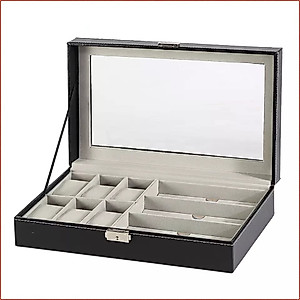 RJ Displays Valet Jewelry Box for Men - Holds 6 Watches, 3 Sunglasses Tray Storage Holder Mens Watch Case Organizer with Metal Accents, PU Leather & Large Glass Lid - Black Watc + Gift Box