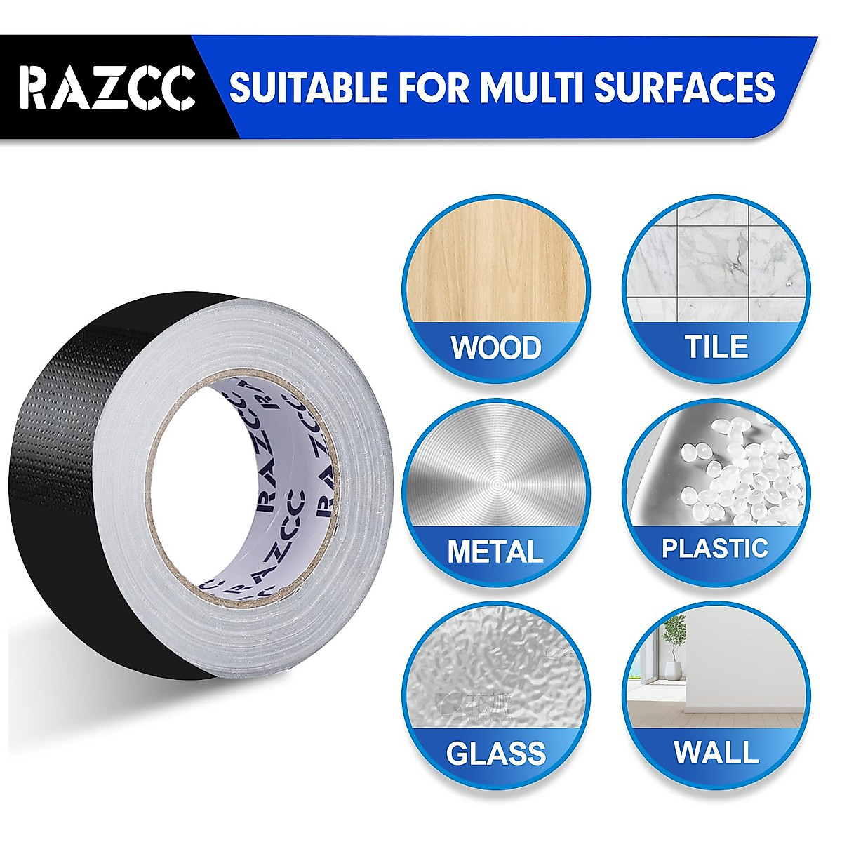 RAZCC Duct Tape, 6 Rolls Black Duct Tape,Heavy Duty, Flexible, No Residue, All-Weather and Tear by Hand, 30 Yard x 2 Inch Per Roll - Bulk Value for Indoor & Outdoor Repairs, Industrial Use