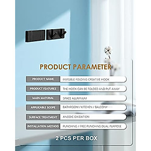 2 Pack，Waterproof Black Towel Hooks，Foldable Towel Hooks for Bathrooms，Modern Coat Hooks，Black Robe Hooks，Bathroom Modern Hooks，Free Perforated，Bathroom Towel Hooks，Towel Door Hooks，Also for Kitchen.