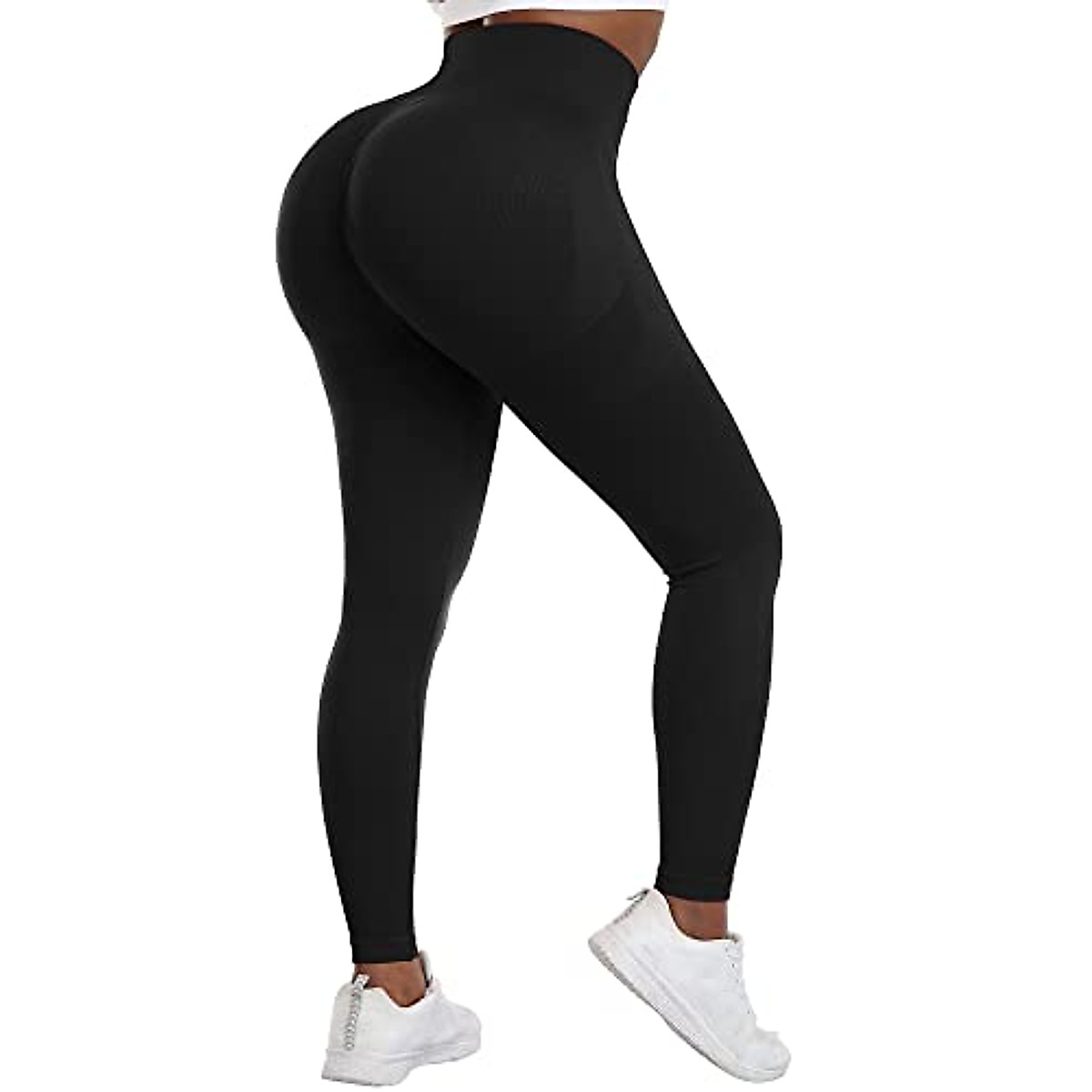 NORMOV 2 Piece Butt Lifting Workout Leggings for Women, Seamless Gym Scrunch Booty Lifting Sets(Black/Grey, XL)