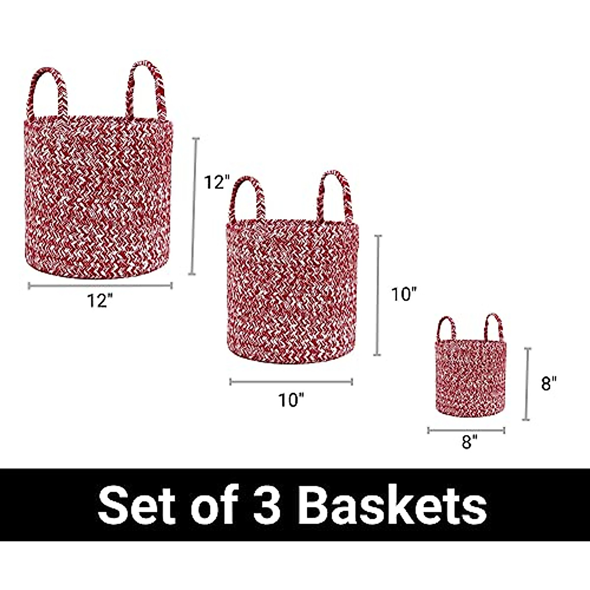 Super Area Rugs Farmhouse Plant Basket / Planter Multi Purpose Open Top Bin with Handles, Cotton Rope Basket, 8-inch, 10-inch and 12-inch Red & White