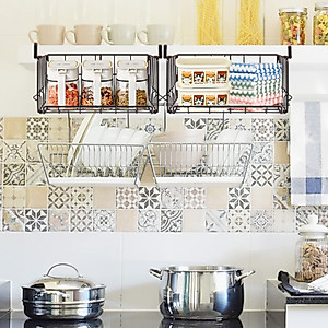 Hanging Under Shelf Storage Basket, 4 Pack Foldable Under Cabinet Metal Desk Storage Wire Rack Organizer for Kitchen Pantry Bookshelf Office Home, Easy to Install Slide-in Under Shelves (Black)