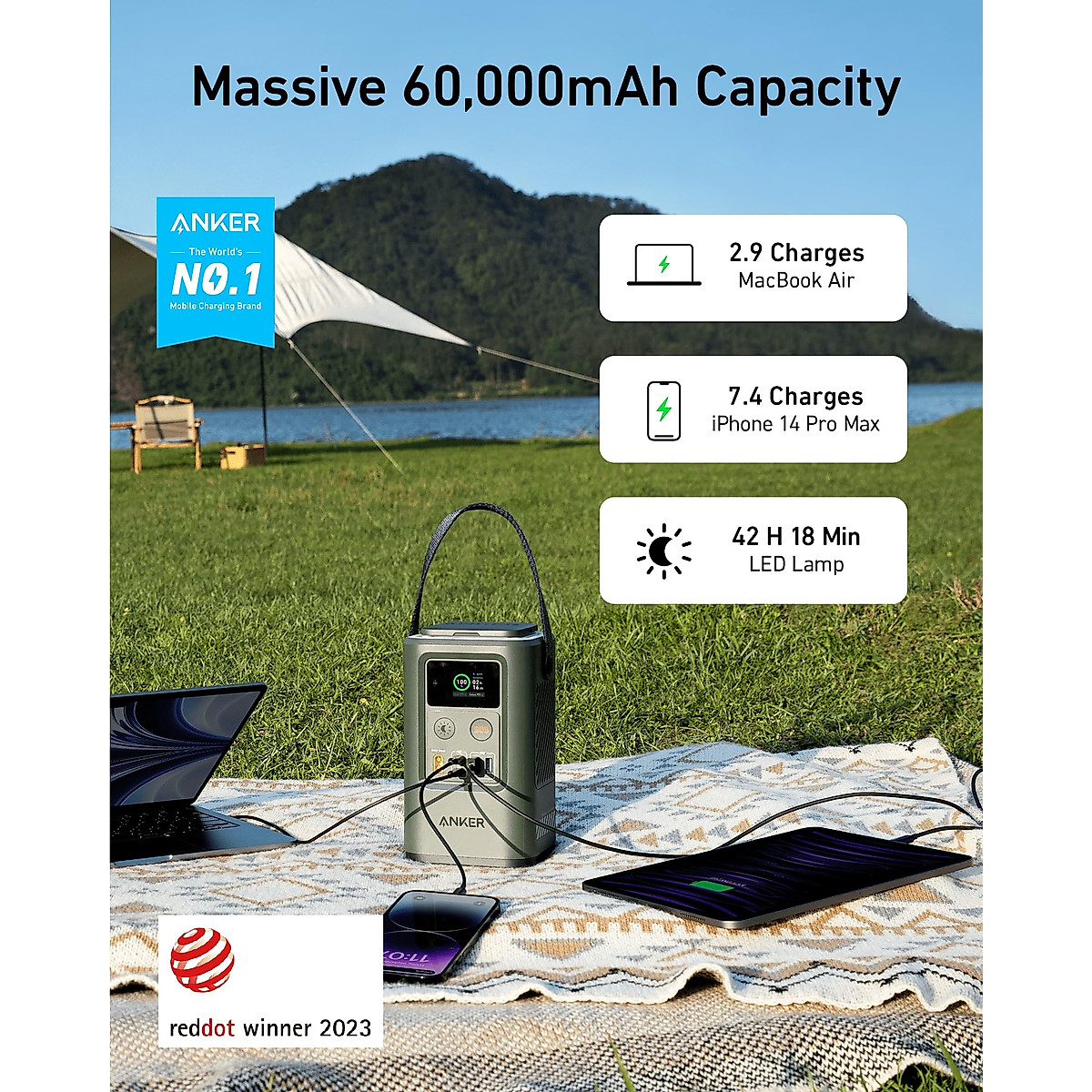 Anker Power Bank Power Station 60,000mAh,Portable Outdoor Generator 87W with Smart Digital Display, Retractable Auto Lighting and SOS Mode, Home Backup(PowerCore Reserve 192Wh) for Travel, Camping